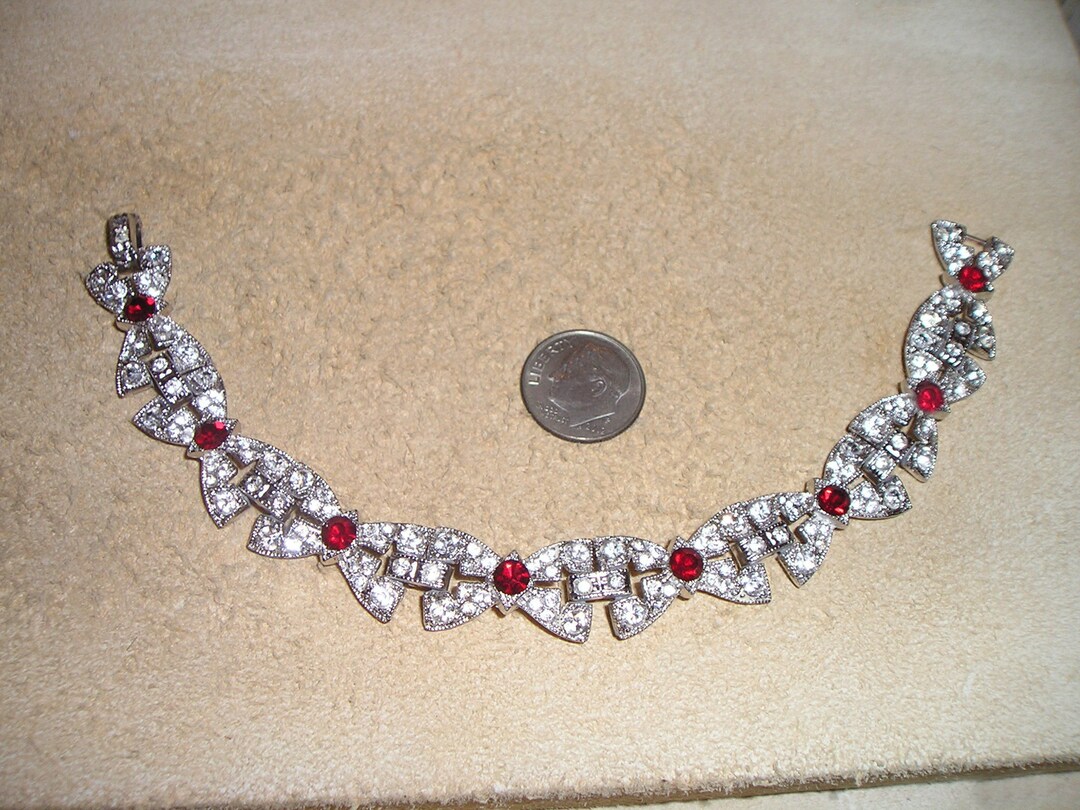 Vintage Art Deco Clear and Red Rhinestone Bracelet. Rhodium Plated 1940 ...