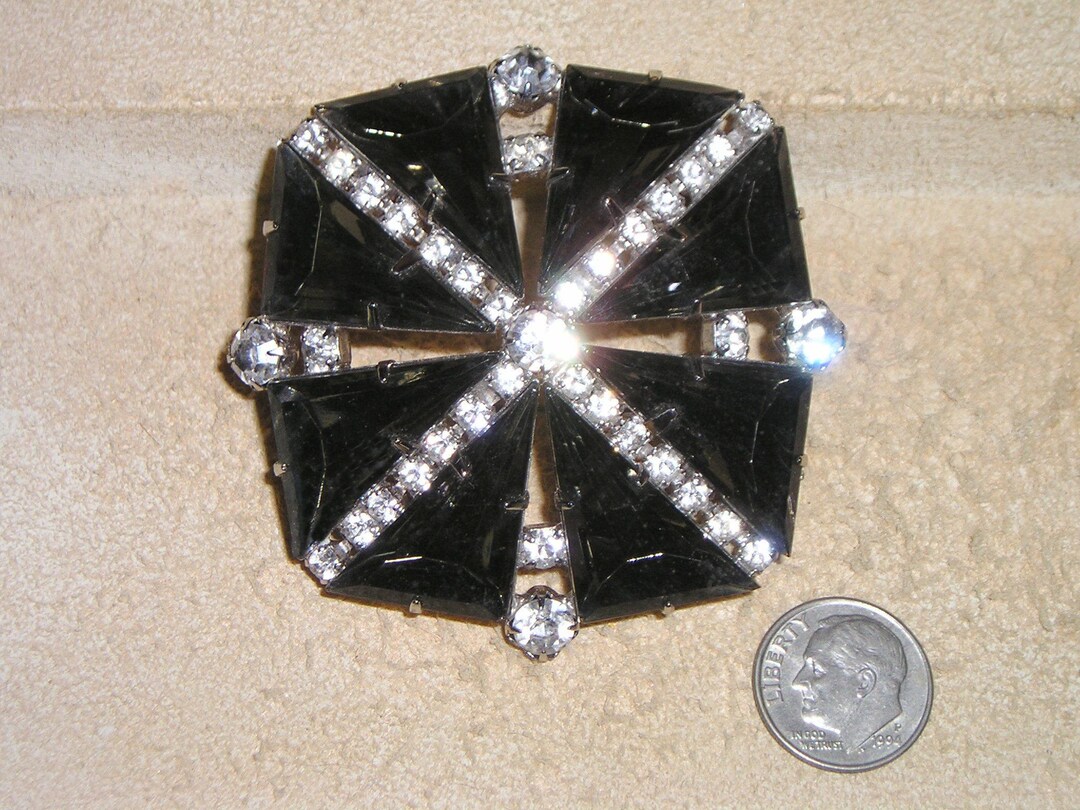 Vintage Divided Black Diamond Crystal Triangle Rhinestone Brooch Pin ...