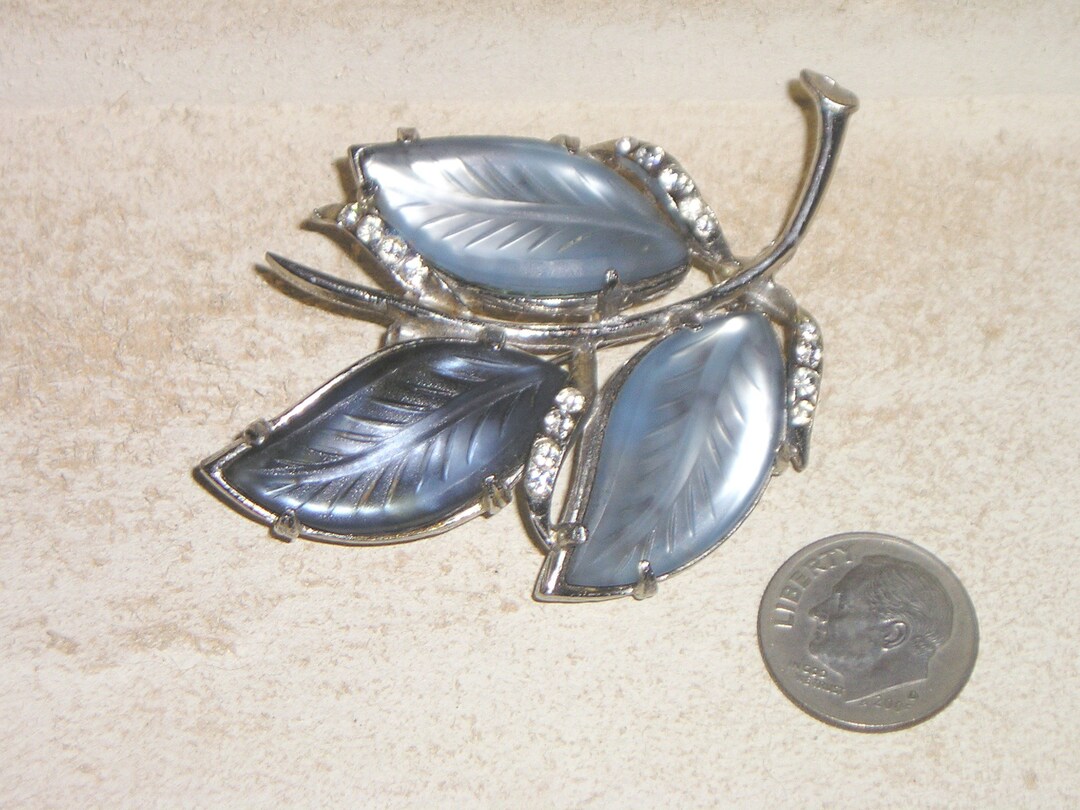 Vintage Signed Florenza Splendid Blue Glass Leaf Brooch Pin With ...
