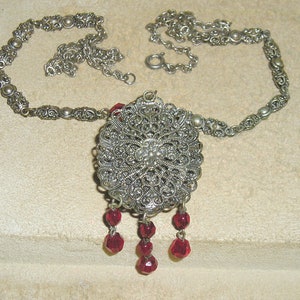 Signed West Germany Red and Pink Rhinestone Drop Dangle Necklace With Red Machine Cut Crystal ...