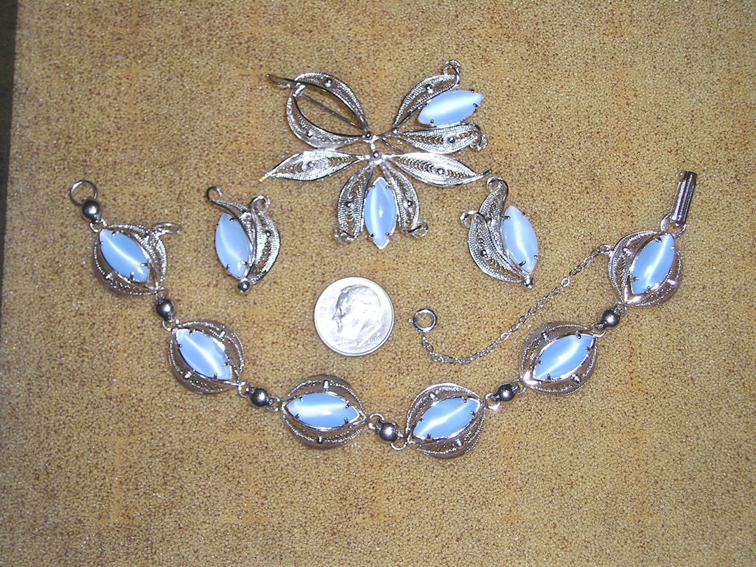 Vintage Signed Alice Caviness Sterling Blue Glass Moonstone Filigree ...
