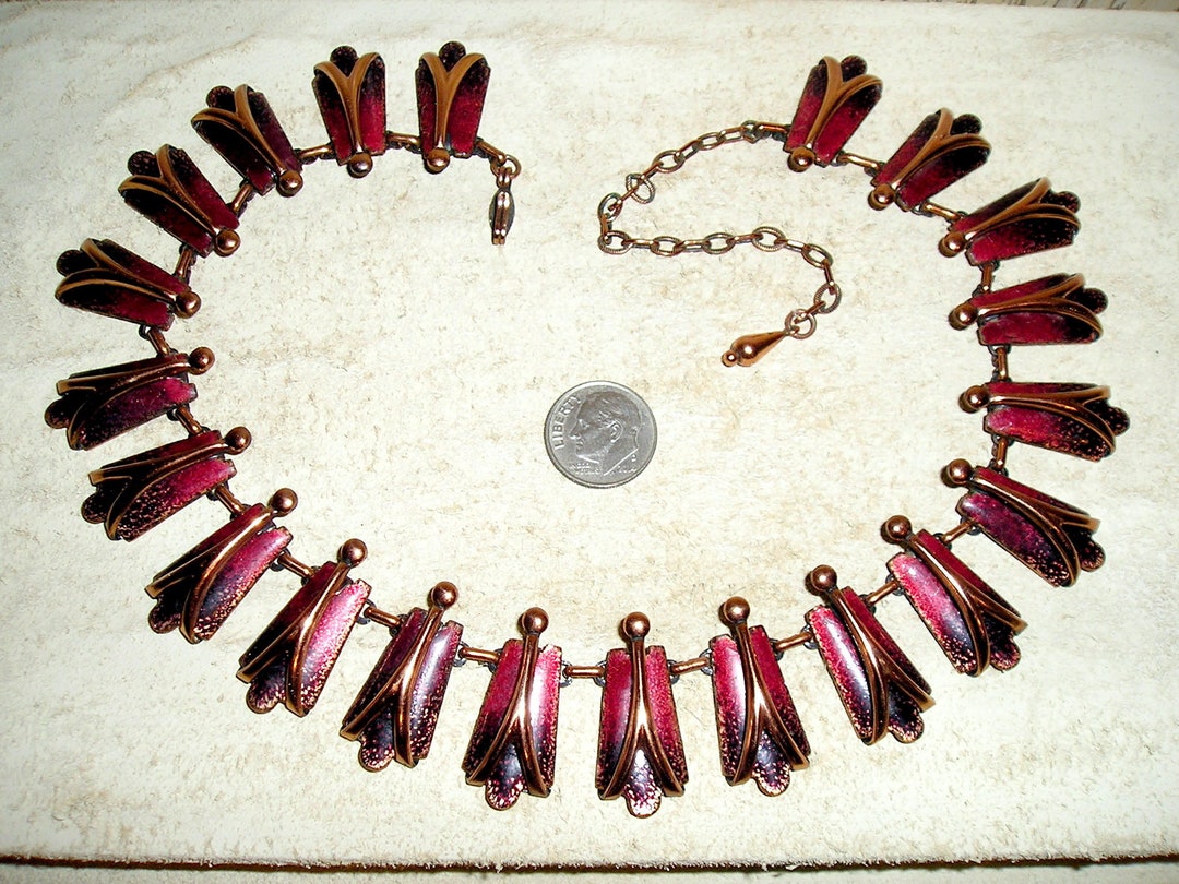 Vintage Signed Matisse Red Baked Enamel Solid Copper Necklace. 1960's ...