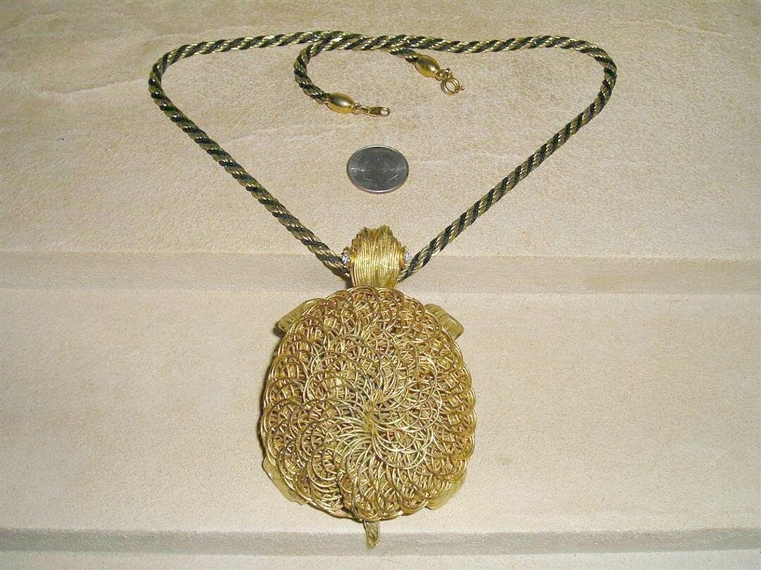 Vintage Large Wirework Turtle Pendant Necklace With Rhinestone Eyes. so ...