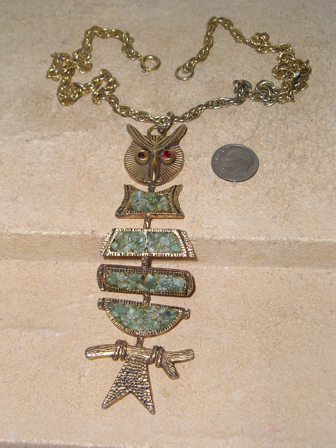 Vintage Large Articulated Jade Chip Owl Necklace With Red Rhinestone ...