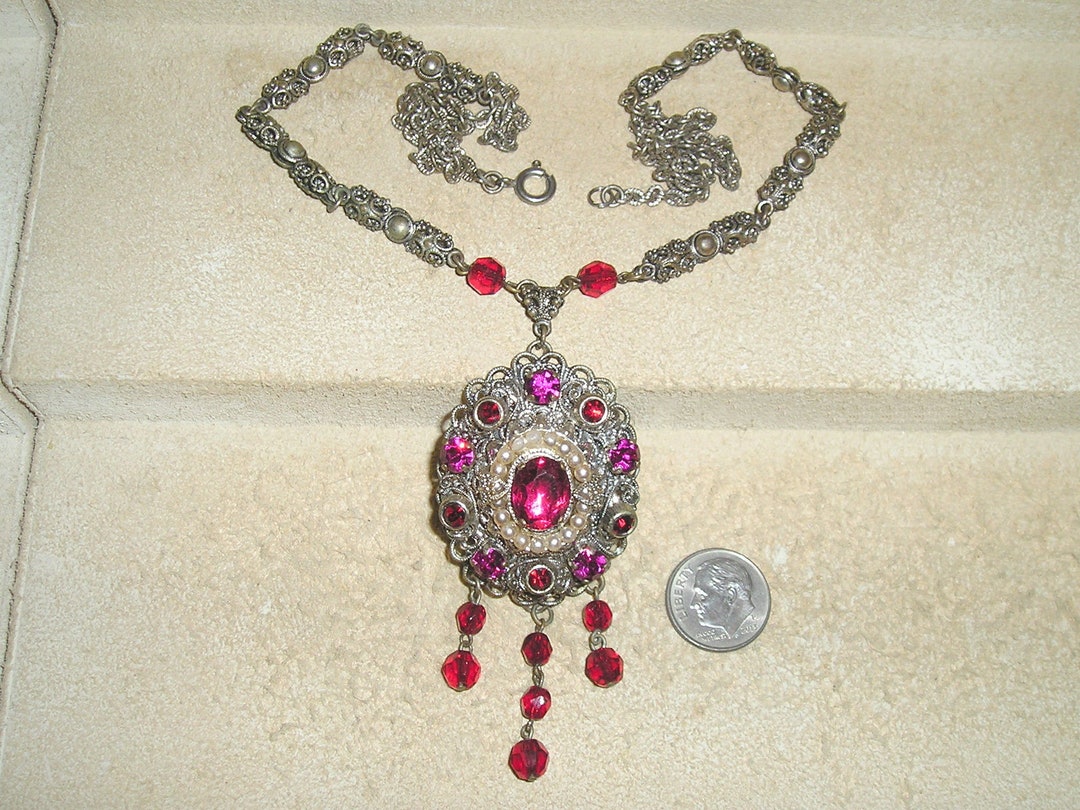 Signed West Germany Red and Pink Rhinestone Drop Dangle Necklace With Red Machine Cut Crystal ...
