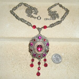 Signed West Germany Red and Pink Rhinestone Drop Dangle Necklace With Red Machine Cut Crystal ...