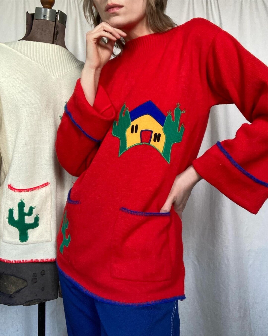 1970s Rare Bus Stop Sweater UK Boutique Novelty Appliqué Red - Etsy