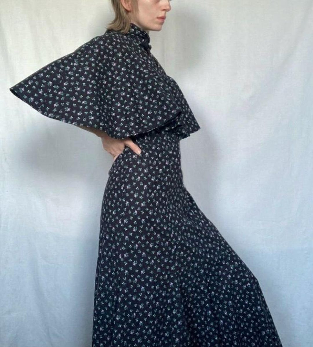 Vintage 1970s Dramatic Cape Dress Goth Gunne Sax Style Black Floral - Etsy