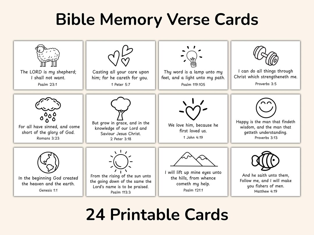 24 Kids Bible Memory Verse Cards, Doodle Printable KJV Scripture ...