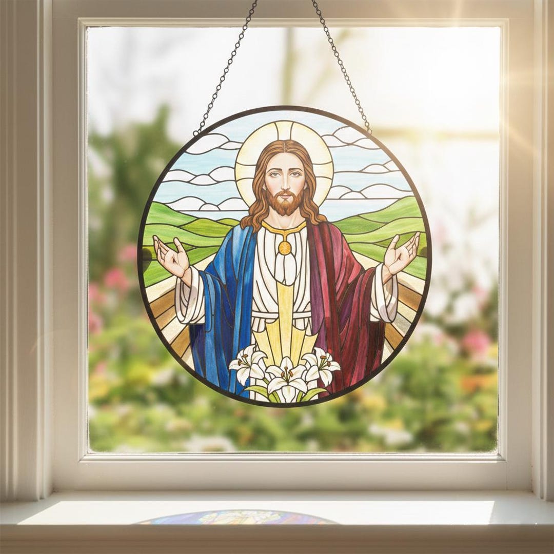 Jesus Stained Glass Suncatcher, Christian Window Hanging, Sacred Heart ...