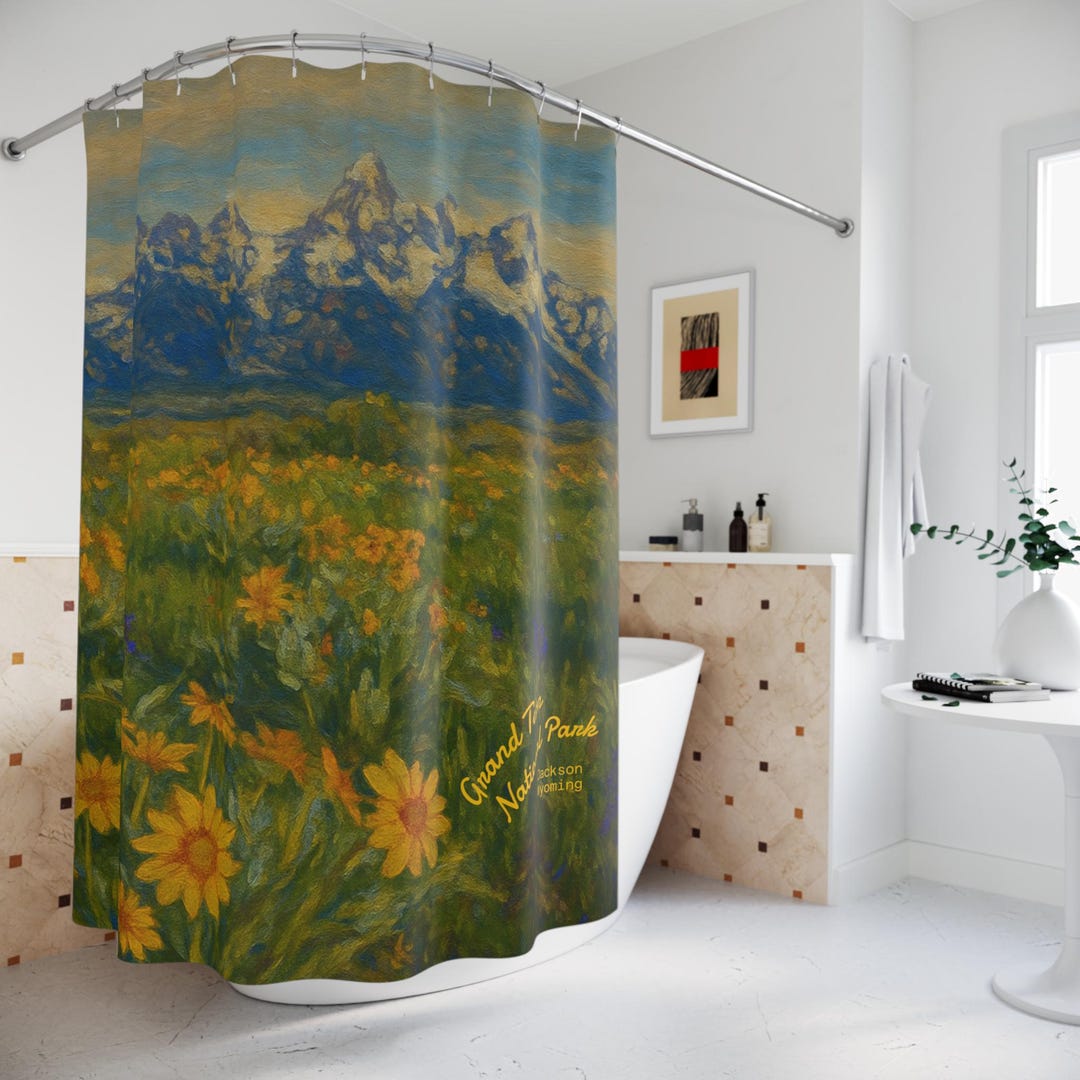 Grand Teton National Park Shower Curtain, Floral Landscape Bathroom ...