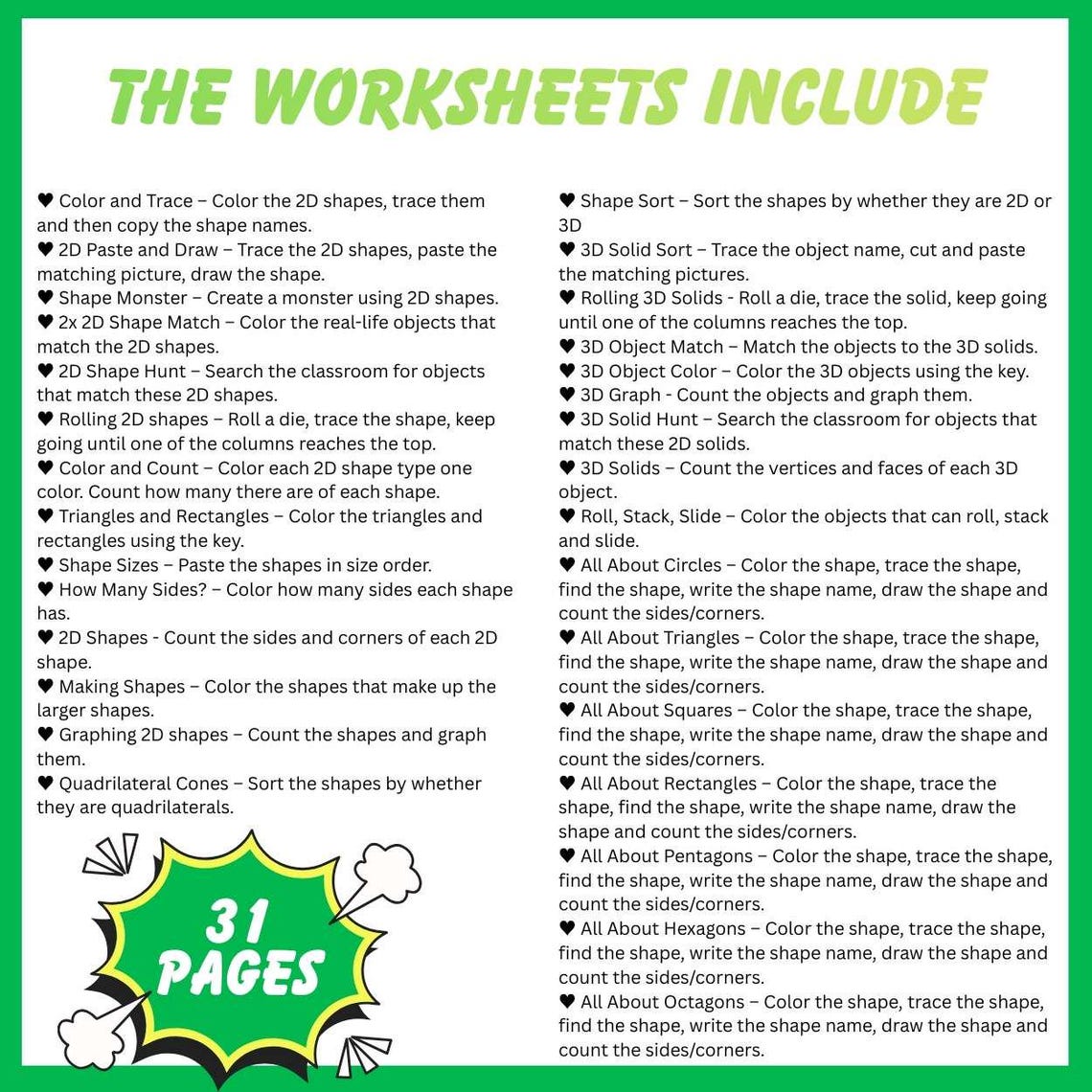Kindergarten 2D and 3D Shapes Worksheets, Geometry Activities (PDF ...