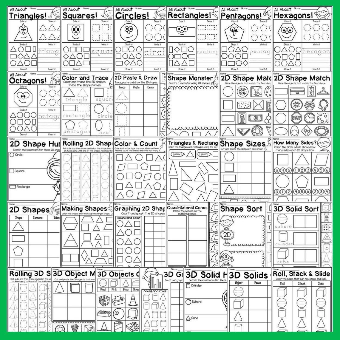Kindergarten 2D and 3D Shapes Worksheets, Geometry Activities (PDF ...