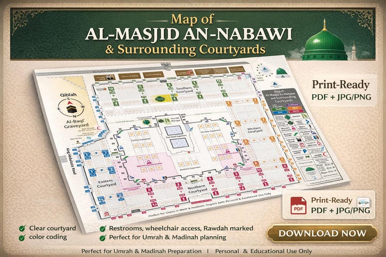 Masjid Nabawi Map Printable | Madinah Ziyarah Guide | Umrah Preparation ...