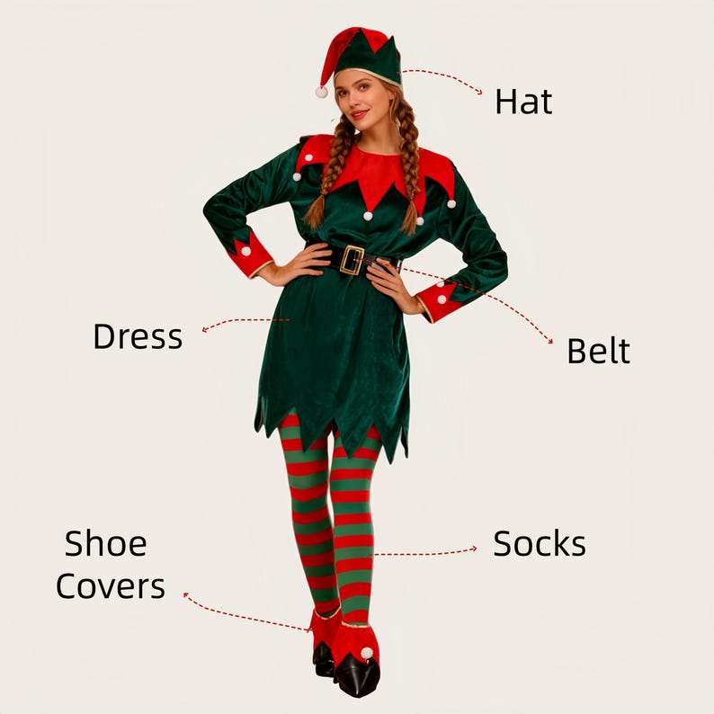 Women's Christmas Elf Costume -festive Party Wear Outfit With Striped ...