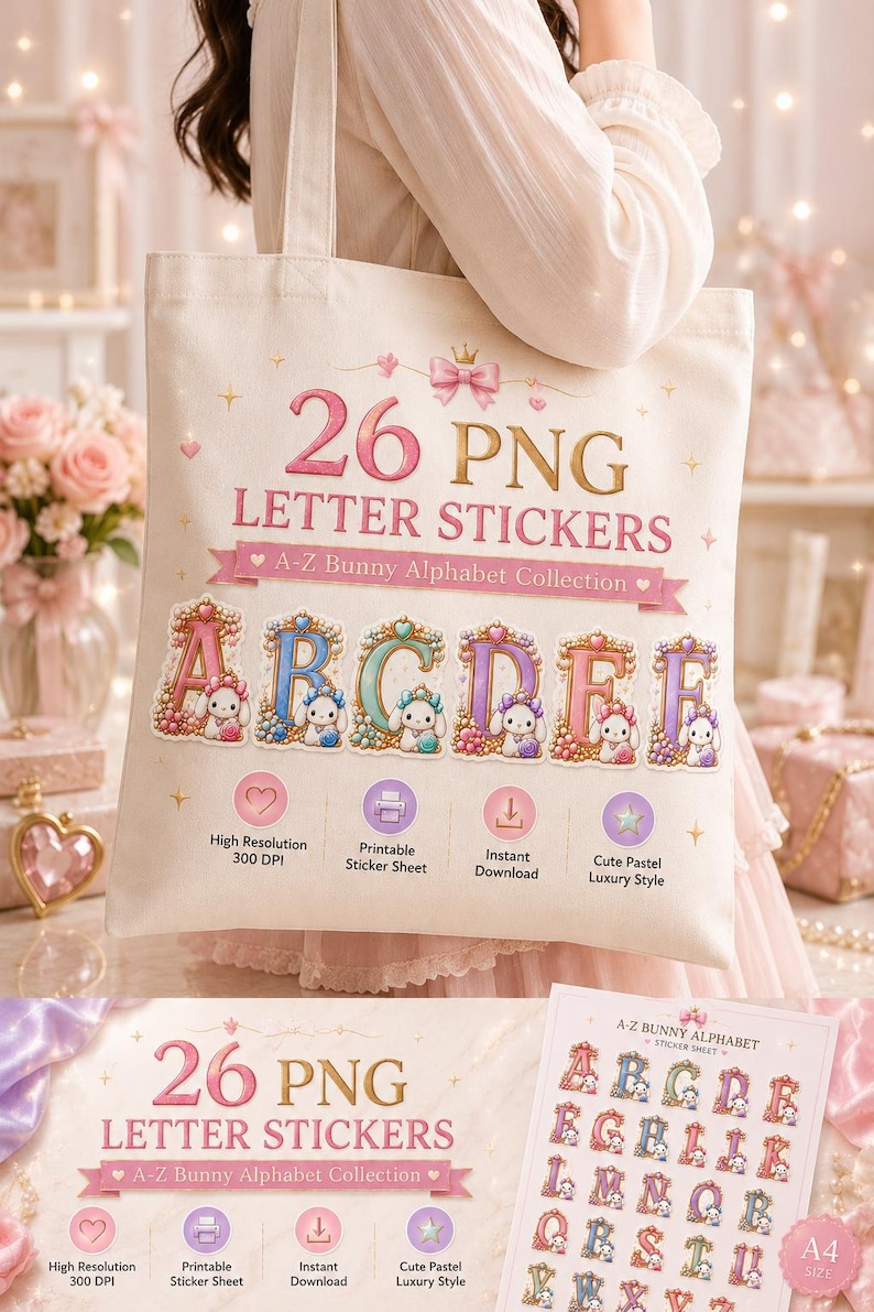 Cute Sublimation Bunny Alphabet Letter Stickers PNG Bundle Kawaii ...