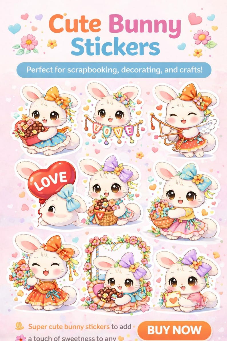 Kawaii Bunny Sticker Set | Pastel Valentine's Day Planner Decals - Etsy