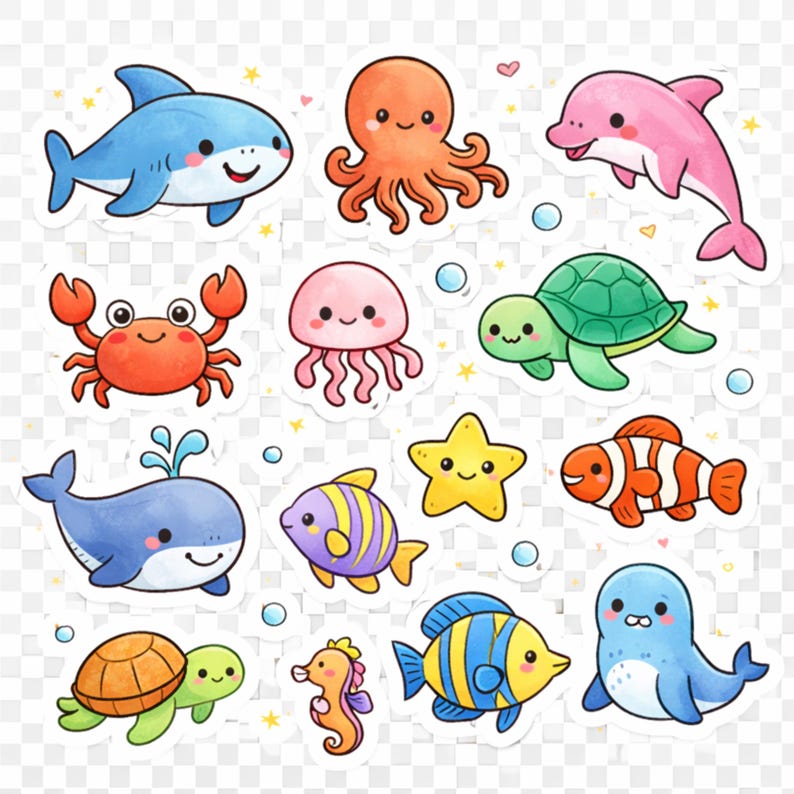 Pastel Sea Creatures Stickers, Kawaii Ocean Animals Clipart (PNG Files ...