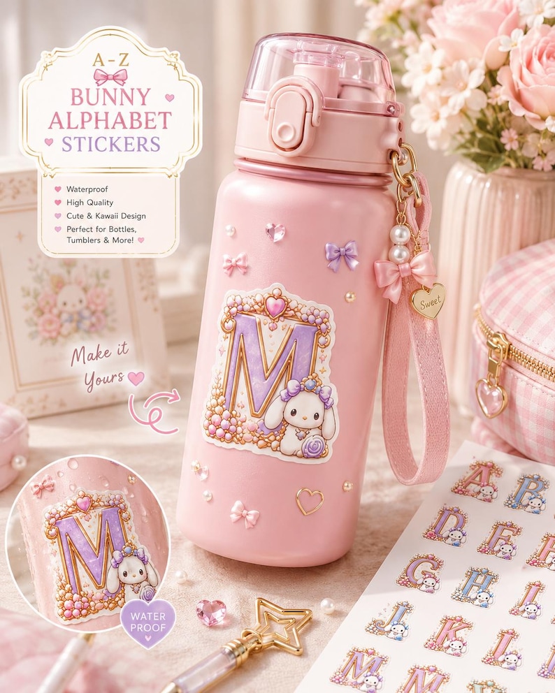 Cute Sublimation Bunny Alphabet Letter Stickers PNG Bundle Kawaii ...