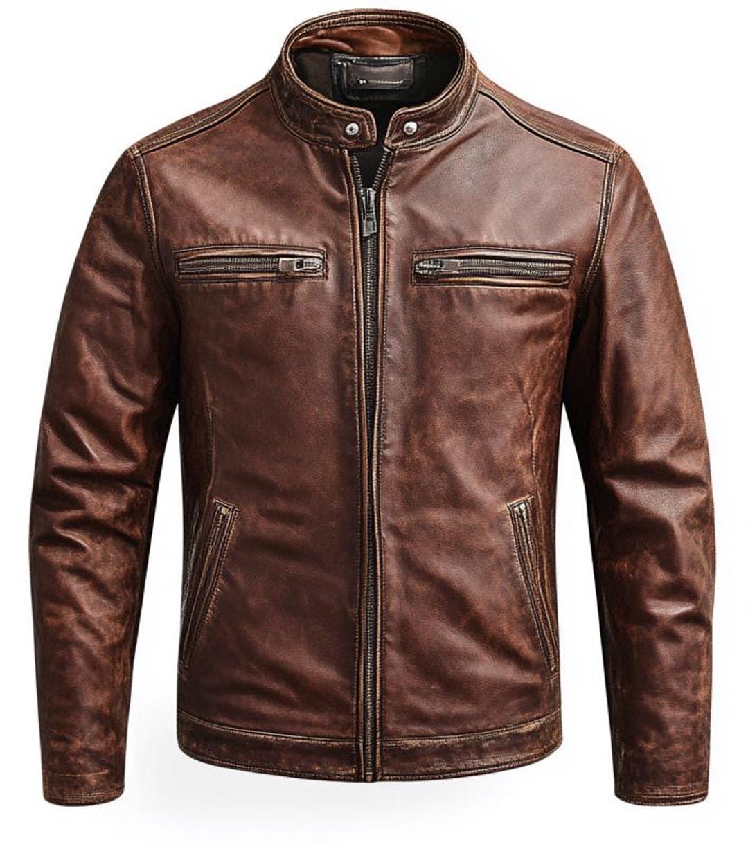 Men's Brown Real Leather Jacket – Distressed Slim Fit Motorcycle ...