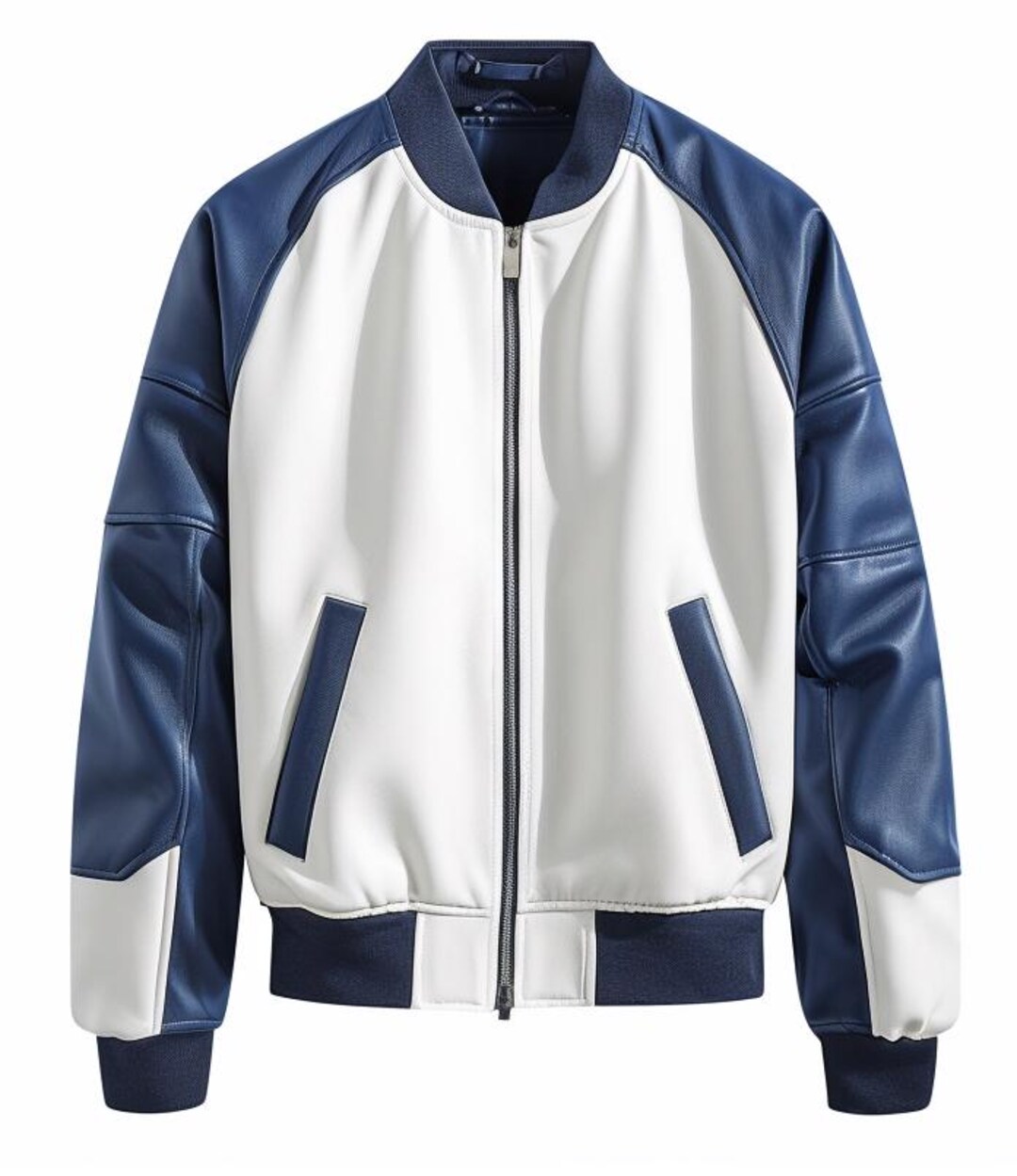 Men's Navy White Varsity Leather Bomber Jacket – Stand Collar Zip Style ...