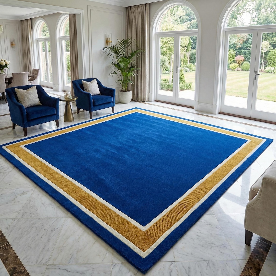Royal Blue Gold Border Tufted Rug for Living Room, Designer Solid Blue ...