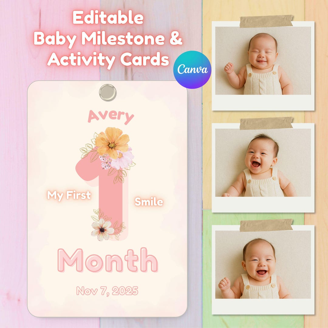 Editable Canva Baby Milestone and Activity Cards Template | Soft Pink ...