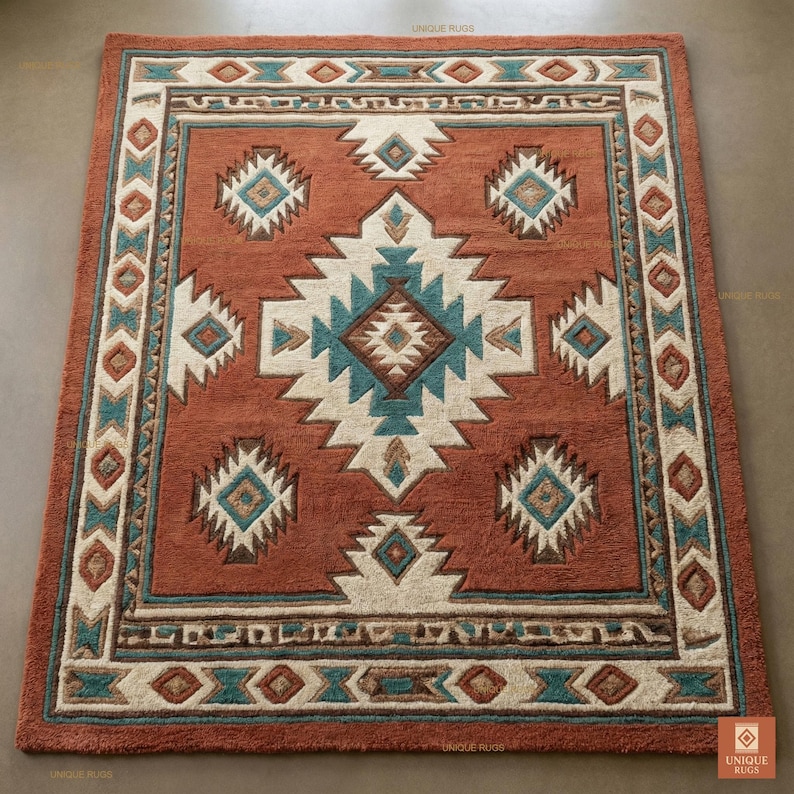 Southwestern Tribal Hand-tufted New Zealand Wool Rug Rust Terracotta ...