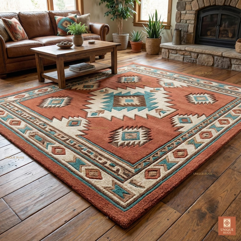 Southwestern Tribal Hand-tufted New Zealand Wool Rug Rust Terracotta ...