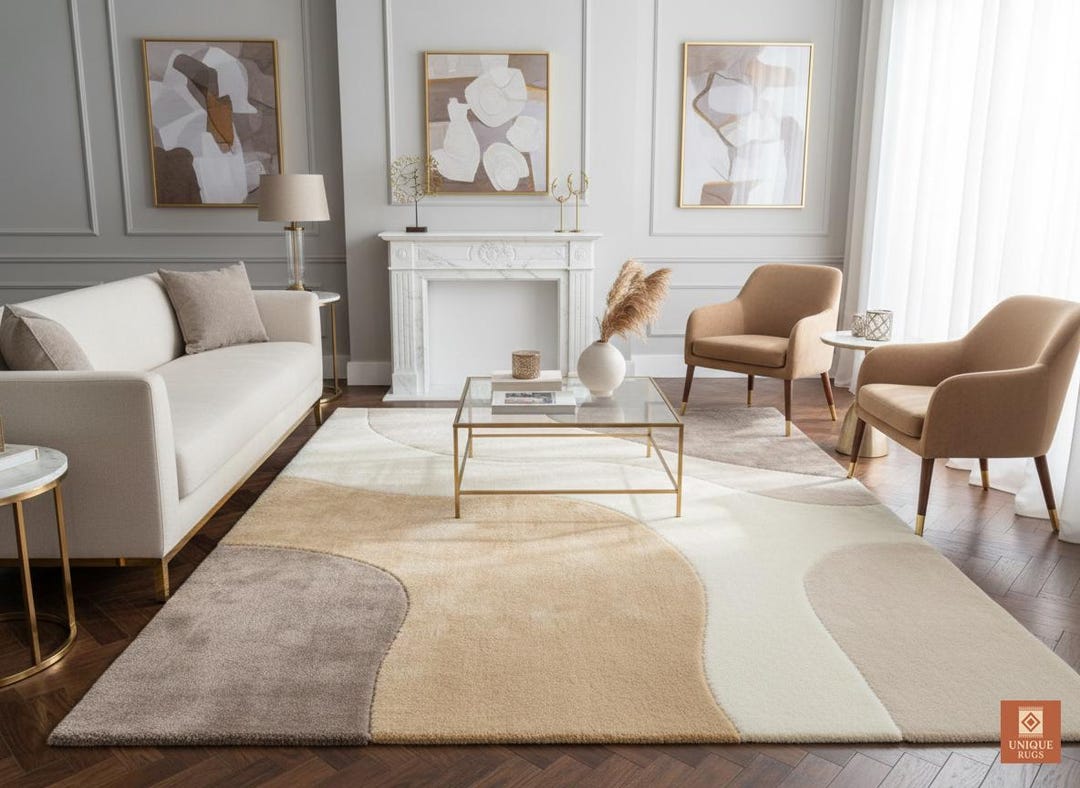 Neutral Organic Wool Rug Hand Tufted Cream Beige Tonal Minimalist Area ...
