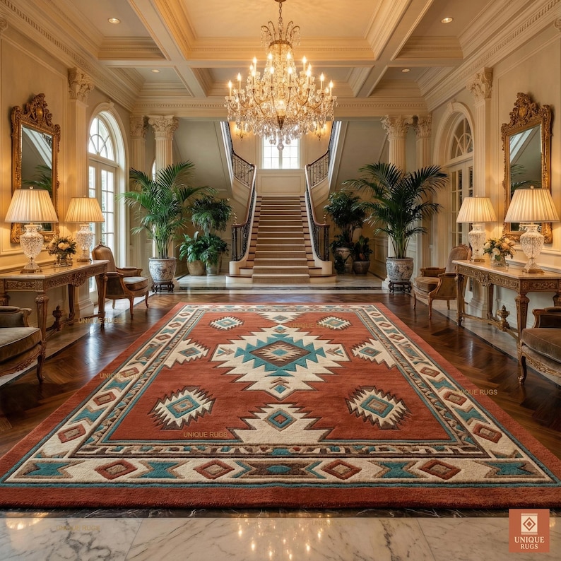 Southwestern Tribal Hand-tufted New Zealand Wool Rug Rust Terracotta ...
