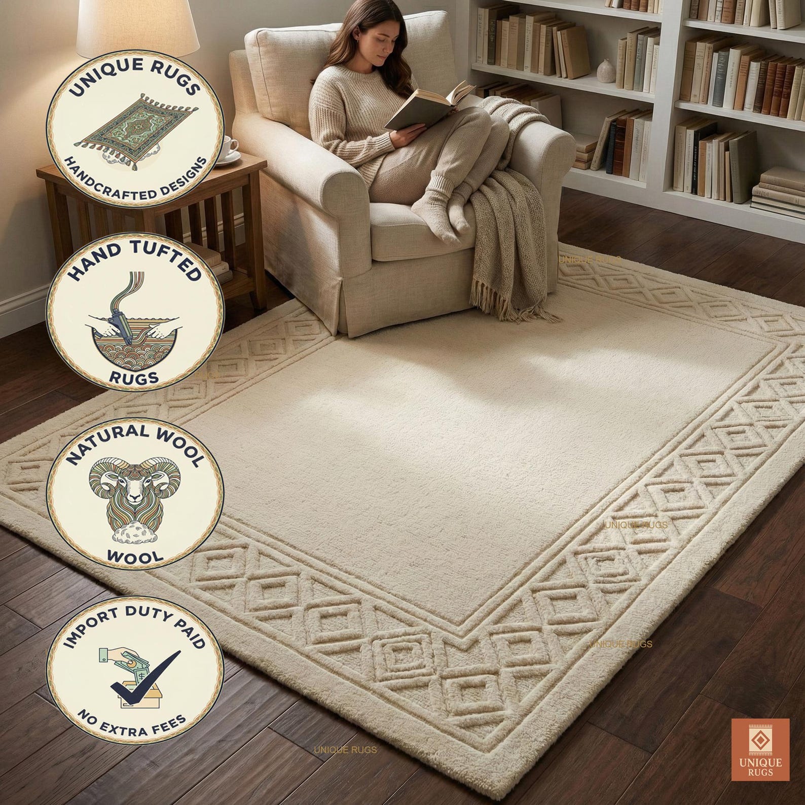 Luxury Hand Tufted Ivory Wool Rug Geometric Diamond Carved Border Area ...