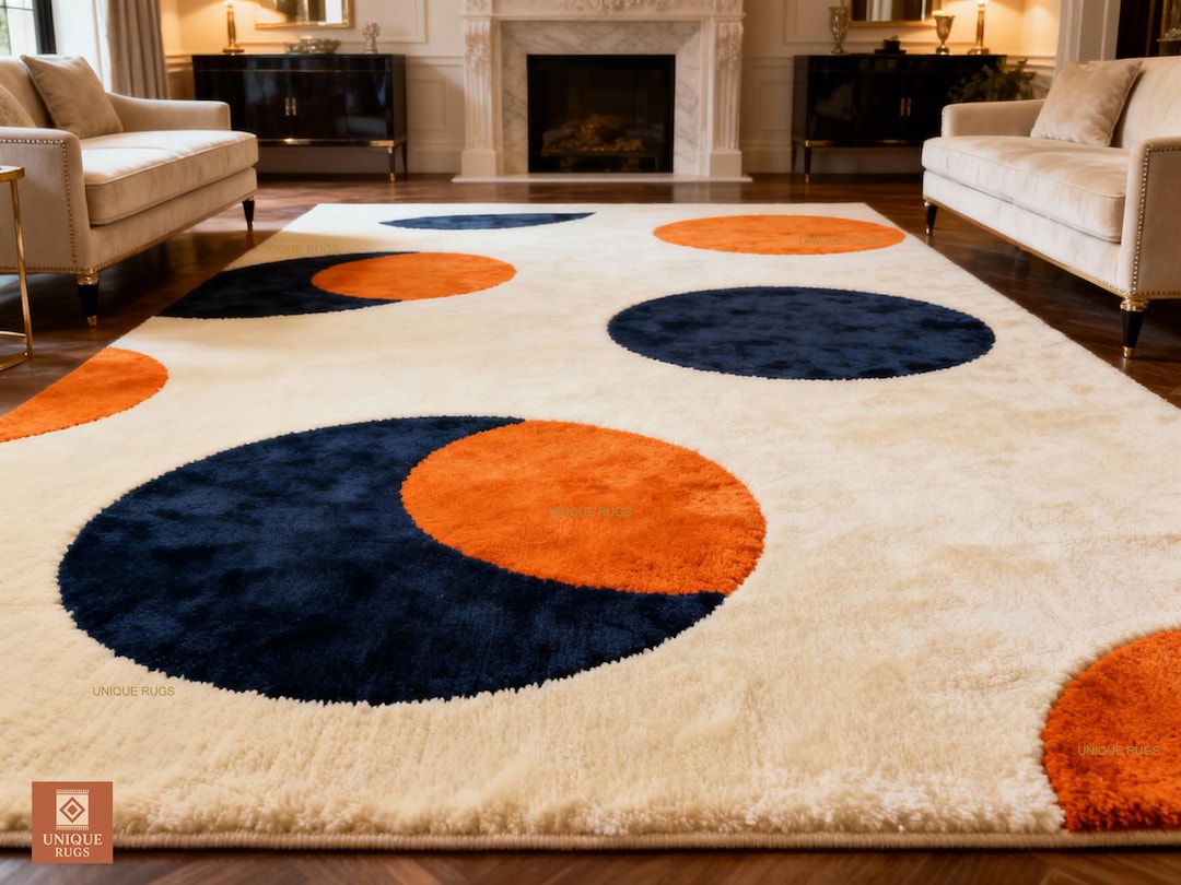 Mid Century Modern Geometric Rug Hand Tufted Wool Blue Orange Circles ...