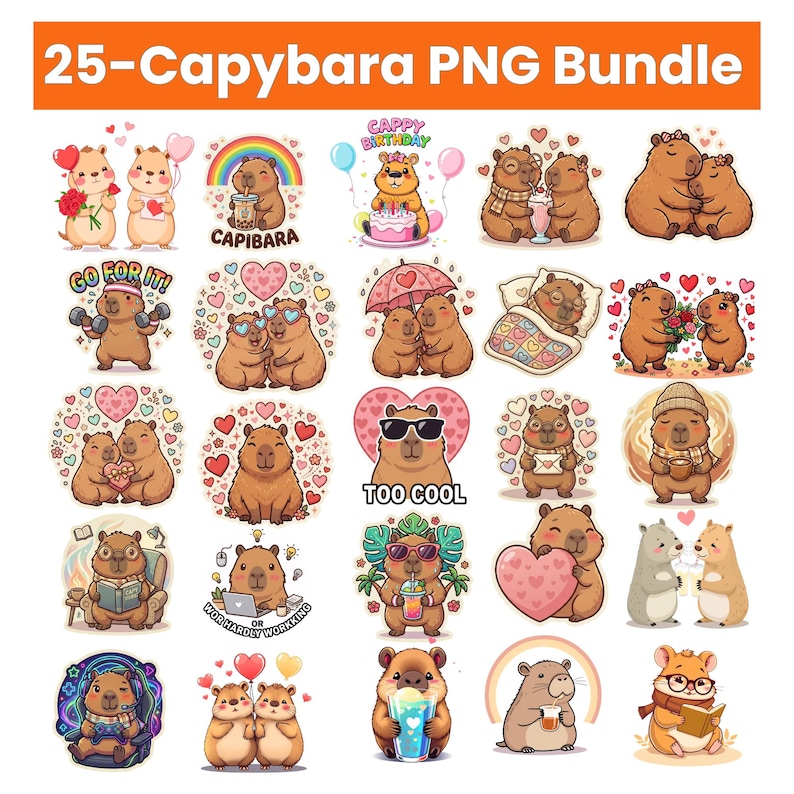 Capybara PNG Bundle–25 Cute Funny Kawaii Capybara Clipart for ...