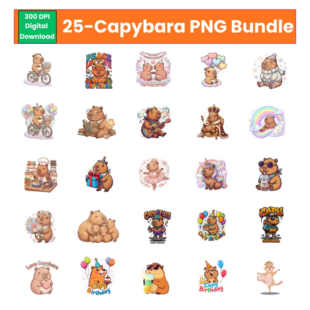 Capybara PNG Bundle, Kawaii Animal Clipart for Cricut Sublimation, Cute ...