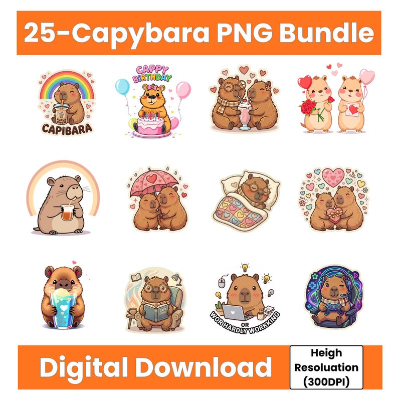 Capybara PNG Bundle–25 Cute Funny Kawaii Capybara Clipart for ...