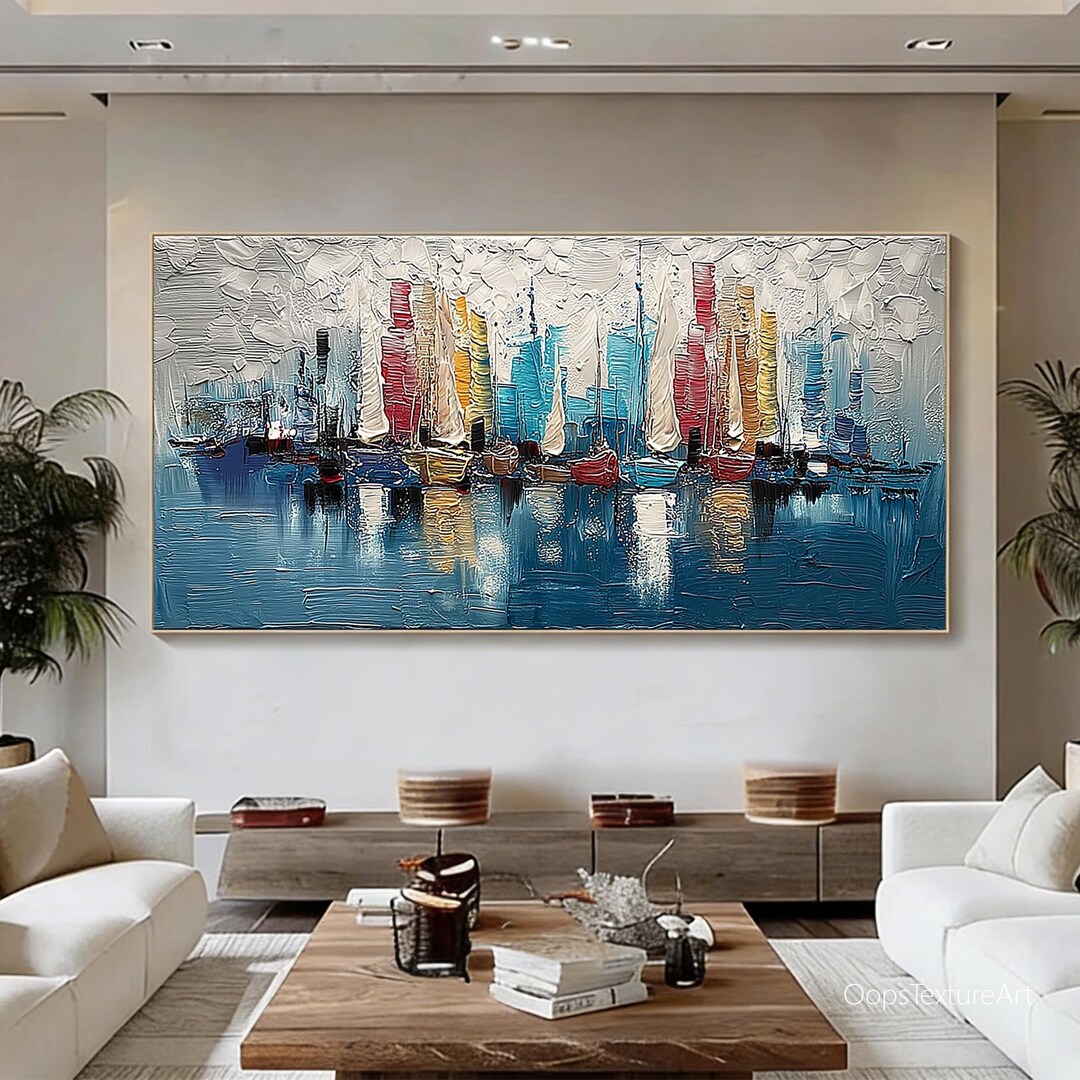 Original Abstract Cityscape Oil Painting, Colorful Skyline Textured ...