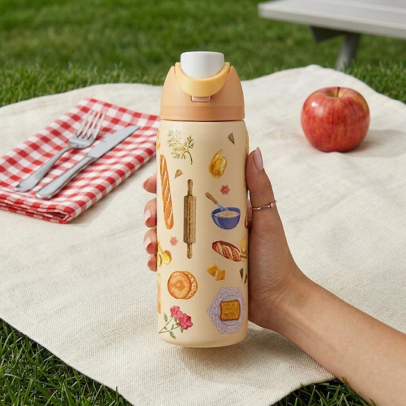 Bakery Aesthetic 32oz Water Bottle, Cute Pastry and Bread Tumbler ...
