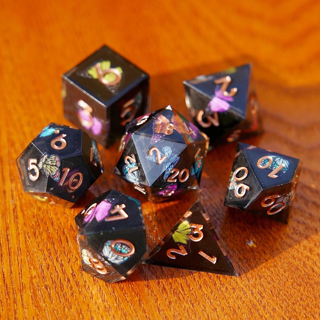 Butterfly / Floral Resin DND Dice Set, Sharp Edge Black Orchid, 7-piece ...