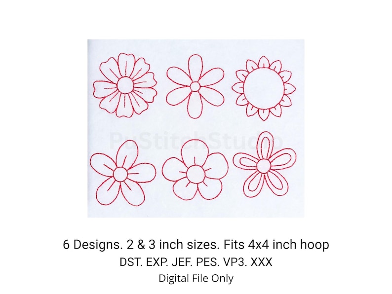 Flower Outline Redwork Embroidery Bundle | 6 Floral Designs | 2 & 3 ...