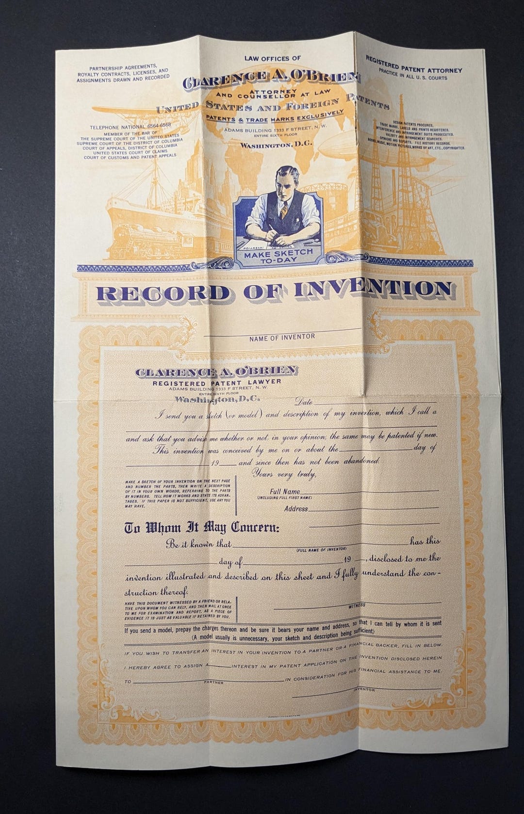 Original Unused 1930s Clarence O'brien Attorney Record of Invention ...