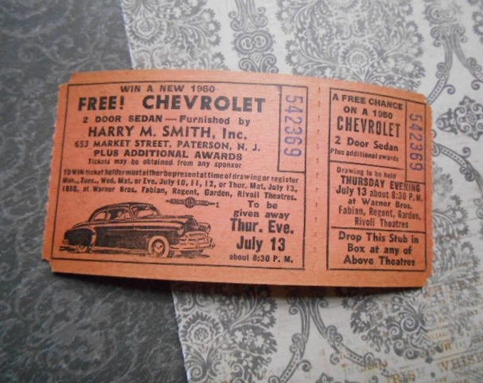 1950 2 Door Chevrolet Sedan Raffle Car Ticket Warner Brothers Theatres ...