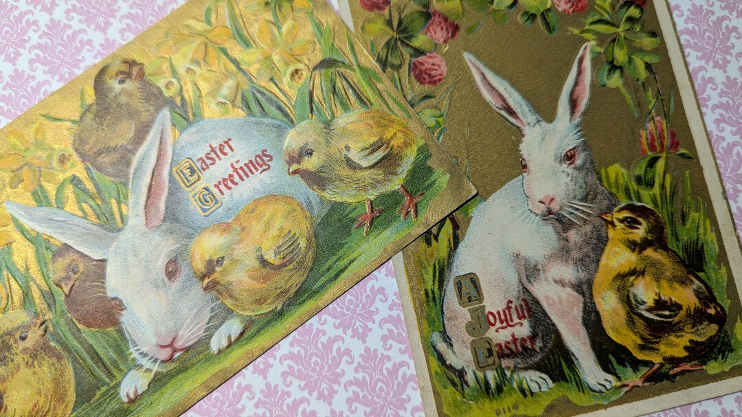 2 Lovely Easter Chick Chicken Peep Bunny Rabbit Daffodils Edwardian Era ...