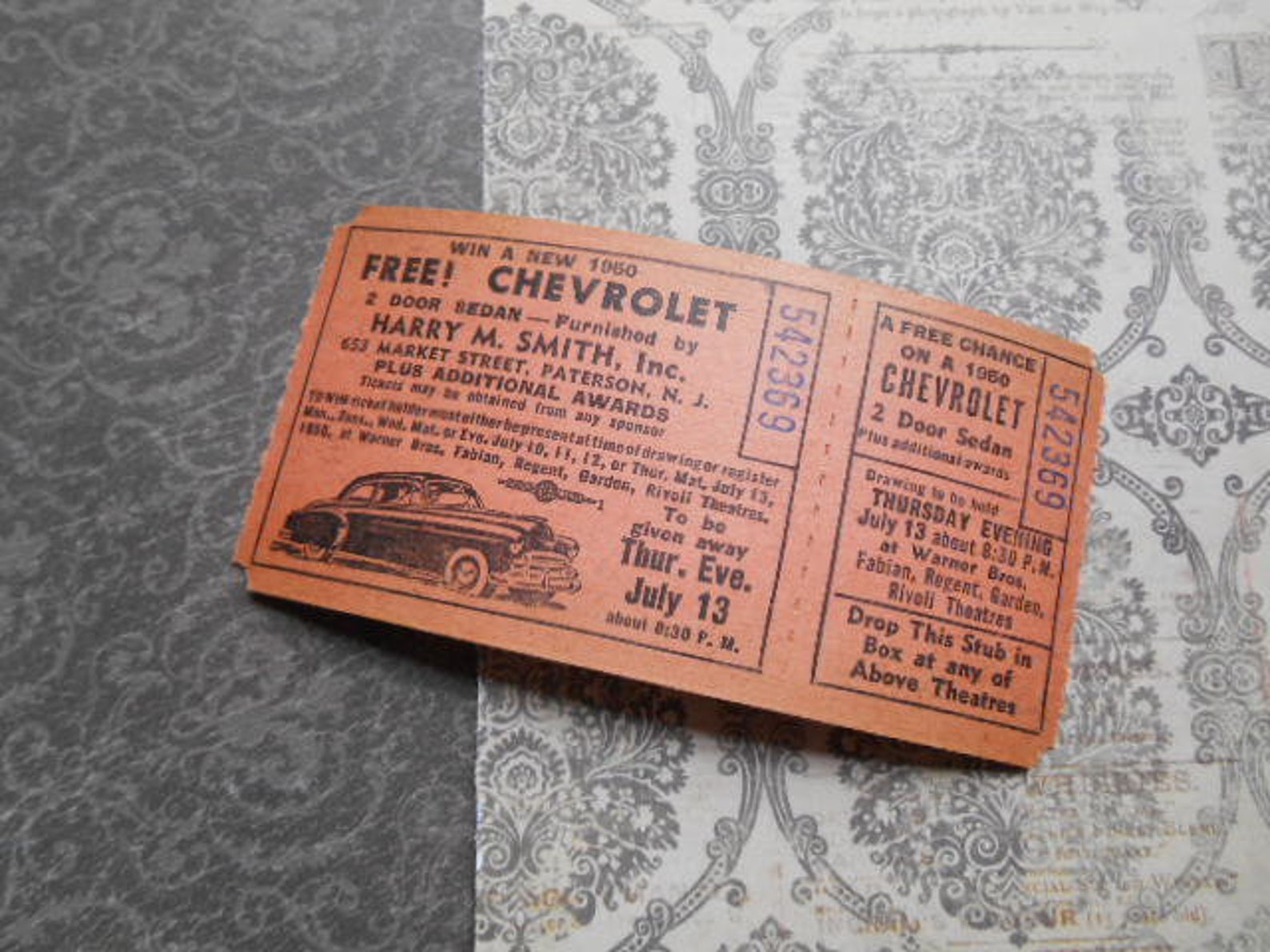 1950 2 Door Chevrolet Sedan Raffle Car Ticket Warner Brothers | Etsy