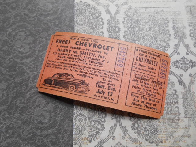 1950 2 Door Chevrolet Sedan Raffle Car Ticket Warner Brothers Theatres ...