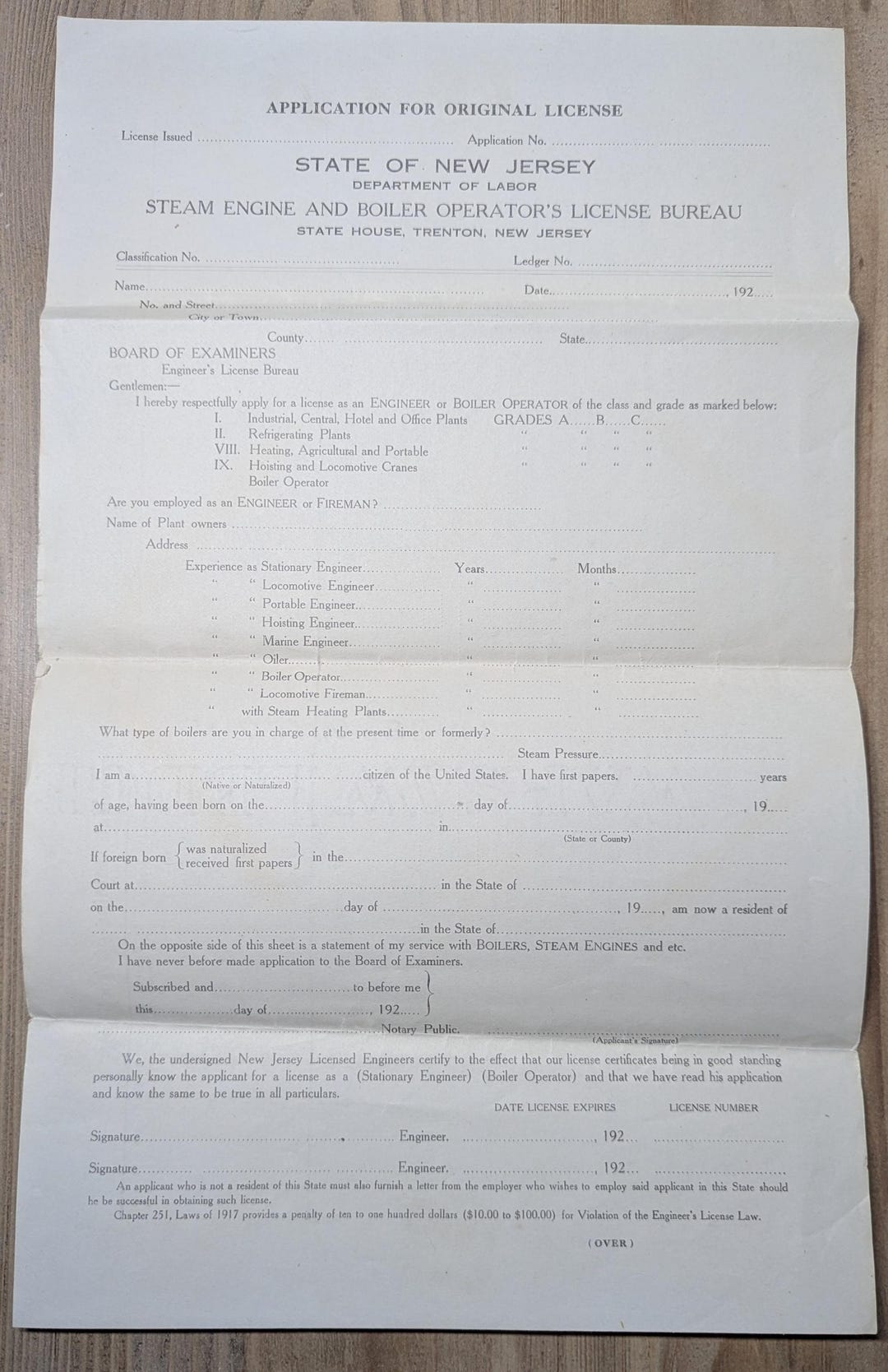 1920s Blank Legal Document New Jersey License Application Steam Engine ...