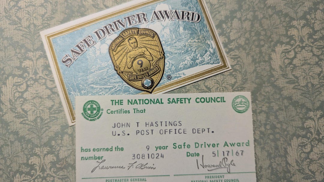 1967 National Safety Council USPS Nine Year Safe Driver Identification ...