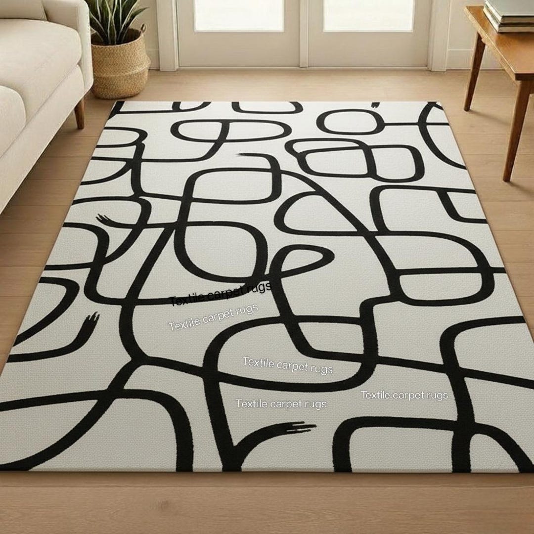 Modern Abstract Line Art Rug - Minimalist Black and White Area Rug ...
