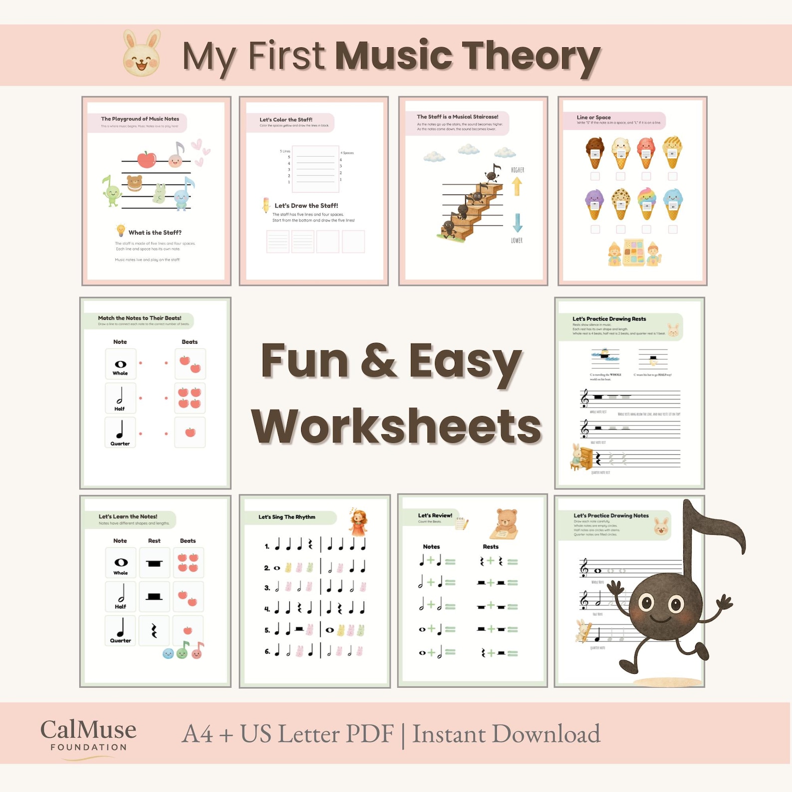 Kids Music Theory: 10 Staff, Rhythm Worksheets (printable PDF) - Etsy