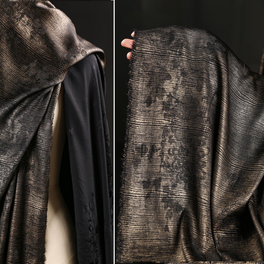 Black Gold Burnout Velvet Fabric - Metallic Stripe for Evening Gown ...